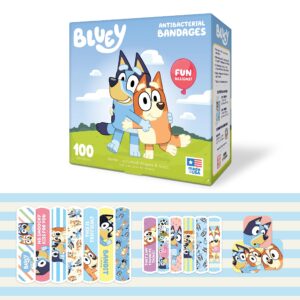 bluey kids bandages, 3 assorted sizes 100 ct | wear like stickers, flexible adhesive bandages for minor cuts, scrapes, and burns. great gift idea and stocking stuffer