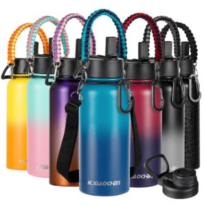 32 oz insulated water bottle with paracord handles & strap, 2 lids(straw lid&spout lid), stainless steel reusable wide mouth metal water bottle with straw, double walled, thermo mug(dark night)