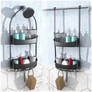 emt etrends shower caddy hanging, anti-swing over head shower caddy rustproof, over the door, plastic bathroom organizer, multiple hanging modes shelf with hooks and suction cups, matte grey