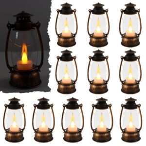 reperla 12pcs mini lantern decorative with flickering led candle, bulk 6inch hanging candle lantern, table centerpiece, vintage lantern decorations for western party decor,battery included (brown)