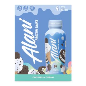 alani nu protein shake, ready to drink, naturally flavored, gluten free, only 140 calories with 20g protein per 12 fl oz bottle (cookies & cream, 4 pack), number of items 1