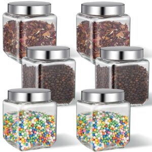 roshtia 6 pcs square glass jars food storage containers glass jars with silver metal lids square glass storage containers with lids glass canisters airtight for coffee spices food kitchen (37 oz)