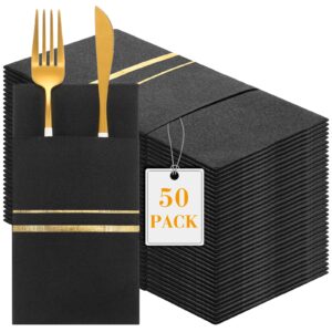 roshtia 50 pack dinner napkins disposable linen feel dinner napkins with built-in flatware pocket gold trim lined pre folded paper for wedding party (black,gold)