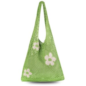 arcimatto crochet tote bag, women summer aesthetic mesh beach bags, girls hobo bags y2k purse fairy grunge accessories (green flower)