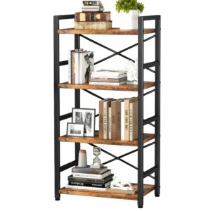 homeiju bookshelf, 4 tier small bookcase, organizers and storage, metal small bookcase, rustic book shelf organization and storage for living room, bedroom, and home office(rustic brown)