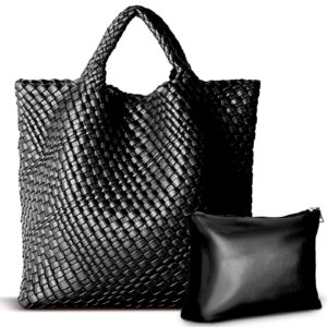 ann bully woven bag for women, vegan leather tote bag large summer beach travel handbag and purse retro handmade shoulder bag-black