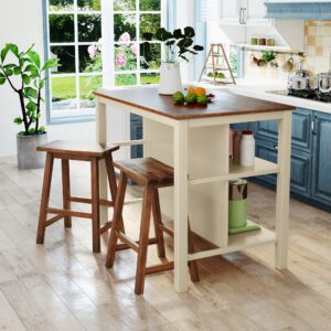 polibi 3-piece kitchen island set with 2 stools and 2 shelves, rustic rubber wood dining set prep table set with open shelves for small places, walnut+cream white