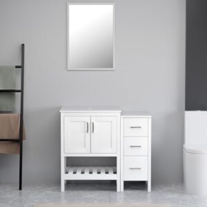 eclife 36" bathroom vanities sink combo with side cabinet, modern mdf white cabinet with open shelf, mirror (vanity only)