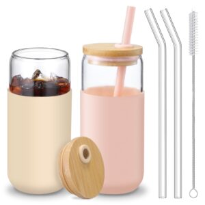 vitever 20 oz glass cups with bamboo lids and straws - beer can drinking glasses with silicone protective sleeve set, iced coffee glasses, cute tumbler cup for water, tea, gift - pink, amber