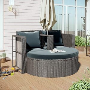 hhok 2-piece all-weather pe wicker conversation sofa, outdoor patio half-moon sectional furniture set w/side table for umbrella, suitable for poolside, backyard porch, rattan+gray cushion