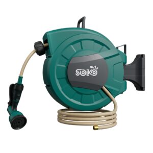 retractable garden hose reel -1/2 in x 100 ft wall mounted water hose reel outdoor organizer for garden watering, include sprayer & 9 pattern nozzle, auto rewind/any length lock/ 180°swivel bracket