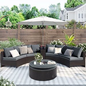 dhpm patio sectional 6-piece half-moon curved outdoor sofa, pe wicker conversation furniture set w storage side umbrella and one round table, brown+gray