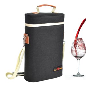 insulated leakproof wine cooler bag, portable padded wine bottle carrier for picnic, byob, restaurant, beach - 2 bottle, 14" x 9.2" x 4" (black)