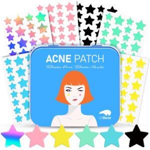 litbear acne patch with tea tree & centella oil, 168 hydrocolloid dots in 6 colors for face - cute star pimple stickers