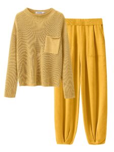 anrabess women's two piece outfits long sleeve knit top fall sweater set oversized pants tracksuit lounge sets yellow medium