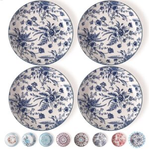 artena pasta bowls set of 4, 26oz porcelain salad bowls, 8 inch bowls for kitchen, colorful dinner plates, serving bowls for entertaining, shallow bowl for eating, microwave, oven safe, blue flower