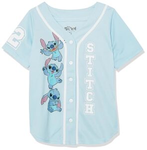 disney girls lilo & stitch and angel baseball jersey - classic mesh button down shirt, light blue/white, 7-8 us