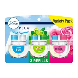 febreze odor-fighting fade defy plug air freshener, downy april fresh, gain original, linen & sky, (3) .87 fl. oz. oil refills