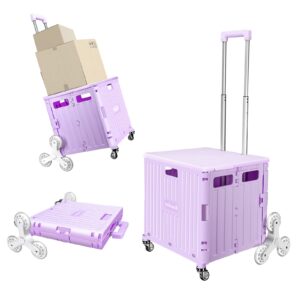 honshine foldable cart with stair climbing wheels, collapsible rolling crate with telescoping handle, handcart for grocery book file tool art supplies(lavender)