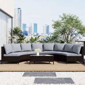 biadnbz 5 pieces patio furniture weather pe wicker modular outdoor sectional sofa half-moon conversation couch set with tempered glass table, 47.6 inch, brown rattan+gray cushion