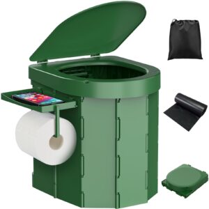 pahtto portable camping toilet, foldable toilet for adults with detachable phone shelf and toilet paper holder, waterproof porta potty with lid for camping, hiking, rv travel, road trips, car, green