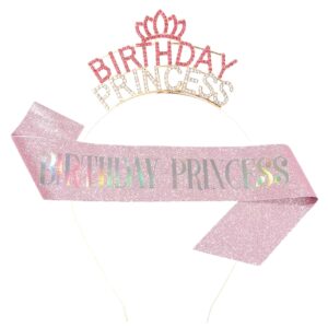 birthday princess headband and sash set for girls - rhinestone princess tiara and glitter birthday girl crown - perfect birthday gifts and accessories for women (gold and pink)