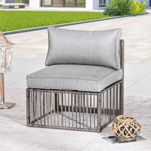 festival depot wicker patio single sofa, outdoor armless chair, all-weather brown pe rattan couch chair waterproof sectional furniture for balcony garden pool lawn backyard, grey thick cushion