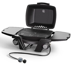 portable gas grill, portable propane grill, propane gas grill, 24,000 btu outdoor tabletop small bbq grill with two burners, removable side tables, gas hose and regulator, built in thermometer, black