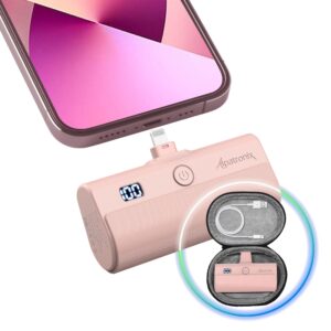 alpatronix mfi certified mini portable charger for iphone 5000mah lcd display fast charging power bank compatible with iphone 14 13 12 11 x 8 7 6 series with carrying case - px100 (pink)