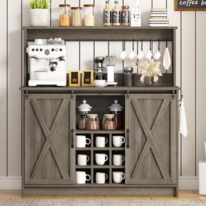 4ever2buy farmhouse coffee bar cabinet with sliding barn doors, 50 inch coffee bar hutch with 6 hooks, gray coffee bar with 9 mug rack, hutch cabinet with storage for living room