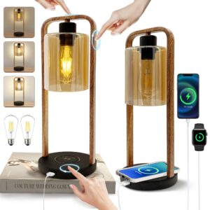 wireless charging touch lamps for nightstand set of 2 - industrial table lamps for bedrooms 3-way dimmable bedside lamps with usb, wood grain desk lamps with amber glass shade for home, bulbs included