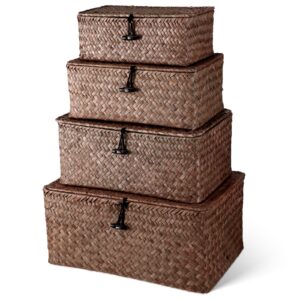 woanger set of 4 seagrass storage bins with lid wicker storage baskets organizer for organizing, woven bins home utility box for home office supplies(coffee)