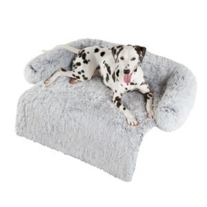 codi dog bed for couch - calming dogs beds for large pets, fluffy plush cats mat, anti anxiety pet mats with removable washable cover protector for sofa, light grey, 41x37x6 inches