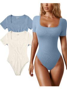 oqq women's 2 piece bodysuits sexy ribbed one piece square neck short sleeve bodysuits blue beige