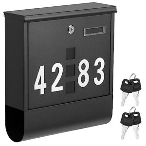 land·voi locking mailbox with 4 keys, wall mounted metal postbox，nameplate, newspaper holder, easy to install, 3.4 x 11.8 x 13.3 inches, includes vinyl mailbox numbers, matt black