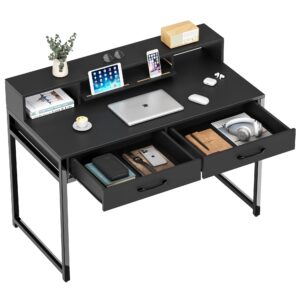 veelok computer desk with drawers, 47" home office desk with monitor shelf, writing desk with storage, gaming desk work desk study desk for bedroom, black