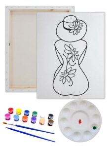 essenburg pre drawn canvas flower hat lady paint kit | adult & teen sip and paint party favor | diy date night couple activity (s 8x10 & 12 colors of paint)