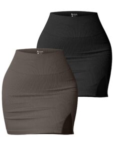 oqq women's 2 piece basic casual versatile stretchy ribbed split high waist mini skirt, black tea leaf, medium