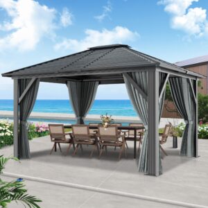 raysfung 10' x 12' hardtop gazebo, galvanized steel roof gazebo with netting and curtains, outdoor permanent pavilion for patio, garden, backyard