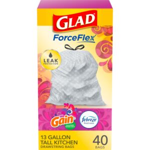 glad tall kitchen quick-tie trash bags, odorshield 13 gallon white trash bag, gain moonlight breeze with febreze freshness, 40 count (package may vary)