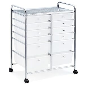 homgava rolling storage cart and organizer with 12 plastic drawers-4 lockable casters for school office home beauty salon(white)