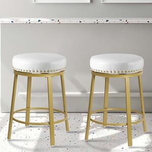 flyzc white & gold bar stools set of 2 counter height 24 inches swivel bar stools for kitchen counter island backless modern gold barstools upholstered faux leather round counter stools, white+gold