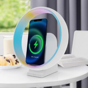 notiks bedside lamp,bluetooth speaker table light with 15w wireless charger&usb port,phone holder with dynamic color,3 modes brightness for bedroom nightstand lamp,girls boys room décor,gift ideas