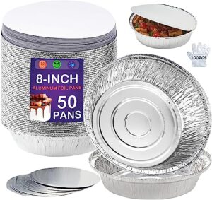 forsone 50 pack 8-inch round aluminum foil pans with lids disposable aluminum tin foil cake pans for storage, baking, roasting, meal prep, reheating, freezer & oven safe