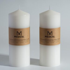 mozeal 3" x 8" hand-poured unscented candles,large white pillar candles set of 2,no drip,approx 120 hours long burning,wedding,dinner,christmas and home decor（3 inch diameter 8 inch height）