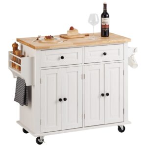 vevor kitchen island cart with solid wood top, 35.4" width mobile carts with storage cabinet, rolling kitchen table with spice rack, towel rack, and drawer, portable islands on wheels, white