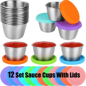 12pcs metal sauce cups 2.5oz ramekins, stainless steel dipping sauce cups with lids, reusable salad dressing container to go, sauce containers small bowls for lunch bento box, party picnic travel