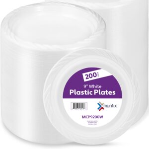 munfix 200 white plastic plates set - 9 inch plastic dinner plates, disposable plates bulk pack, party plates for bbq, picnic, parties, travel and events, microwavable recyclable