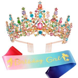 velscrun rainbow color crystal birthday tiara crowns for women girls elegant princess crown with combs birthday girl headband sash happy birthday party decorations birthday gift hair accessories