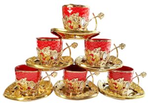 chandler turkish coffee set espresso greek arabic coffee cup and saucer 3 fl oz with gold acrylic gift box collection of 7 colors and designs (red with gold and white gem)